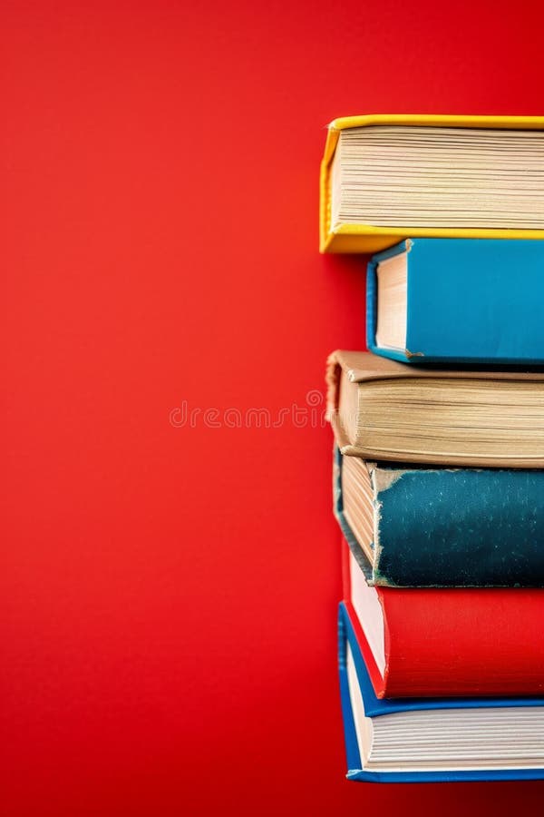 Book Lovers Day. Stack of Books with Red Covers Against a Bright Red ...