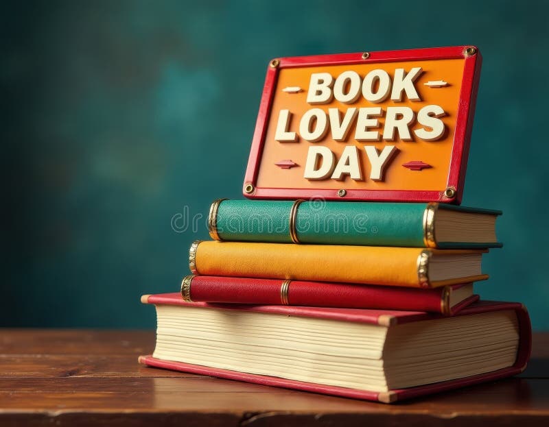 Book Lovers Day Stack of Books with Vintage Sign Stock Illustration ...