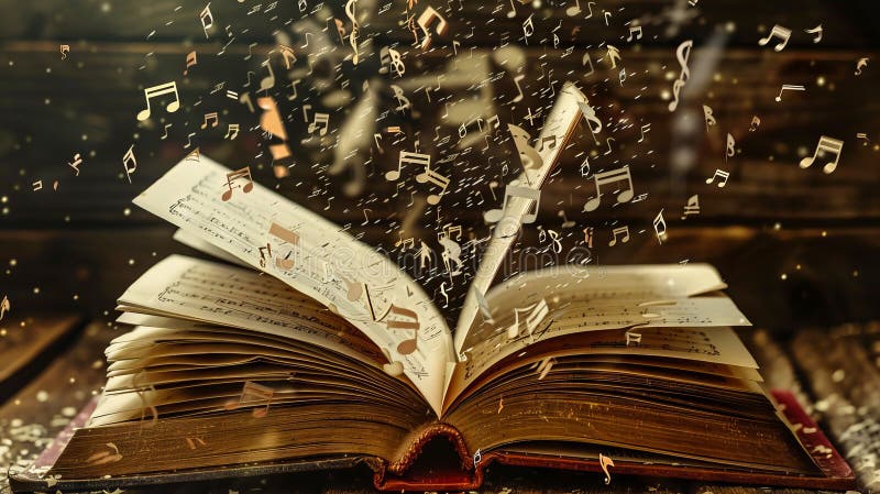 A Book with Music Notes Flying Out of it Stock Photo - Image of floor ...