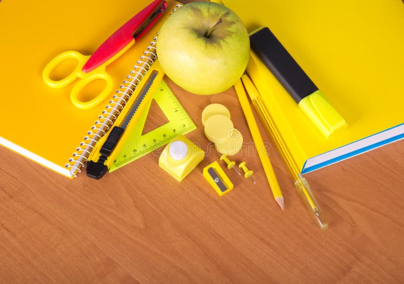 The Book, Notepad, Set of Office Tools and Apple Stock Photo - Image of ...