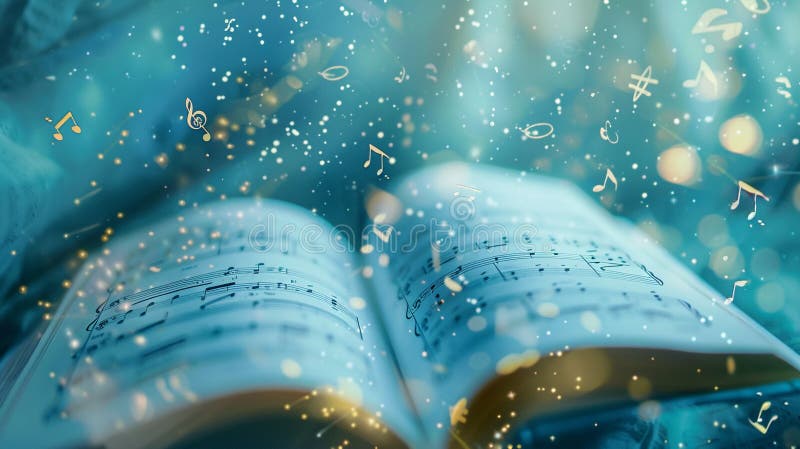 Magical Musical Notes Floating Above Open Sheet Music Book Teal ...