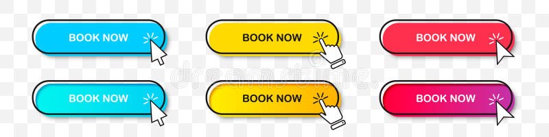 Book Now Buttons Collection with Cursor Pointer in Two Styles. Flat ...