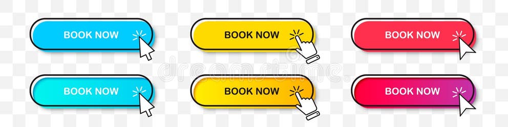 Book Now Buttons Collection with Cursor Pointer in Two Styles. Flat ...