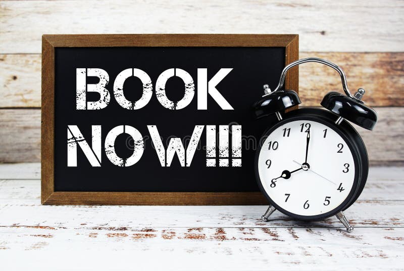 Book Now Text Message Alarm Clock Wooden Background Stock Photos - Free ...