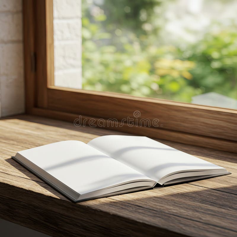 A Book is Open on a Bench in a Room with a Window Mockup Stock ...