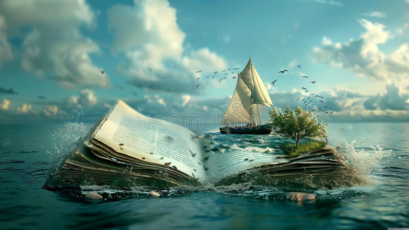 Open Book with Sailing Ship and Tree Island in Ocean Stock Illustration ...