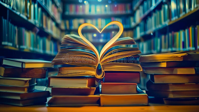 Book with Open Page of Literature in Heart Shape and Stack Piles of ...