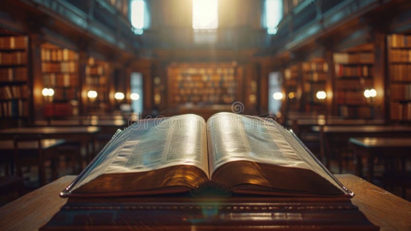 The Book is Open on the Podium in the Library. Stock Image - Image of ...