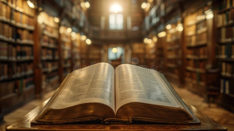 The Book is Open on the Podium in the Library. Stock Image - Image of ...