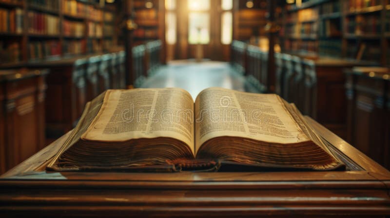 The Book is Open on the Podium in the Library. Stock Image - Image of ...