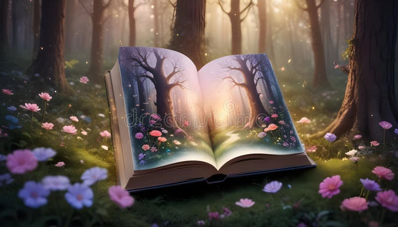A Book is Open, Revealing a Path Leading through a Magical Forest ...