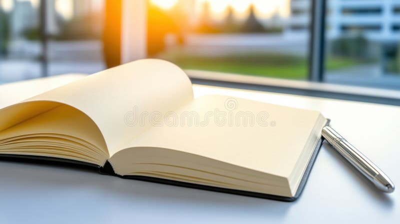A Book Open on a Table with Pen and Glass of Water, AI Stock Image ...