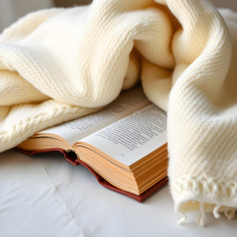 A Book is Open on a White Table with a White Blanket Underneath it ...