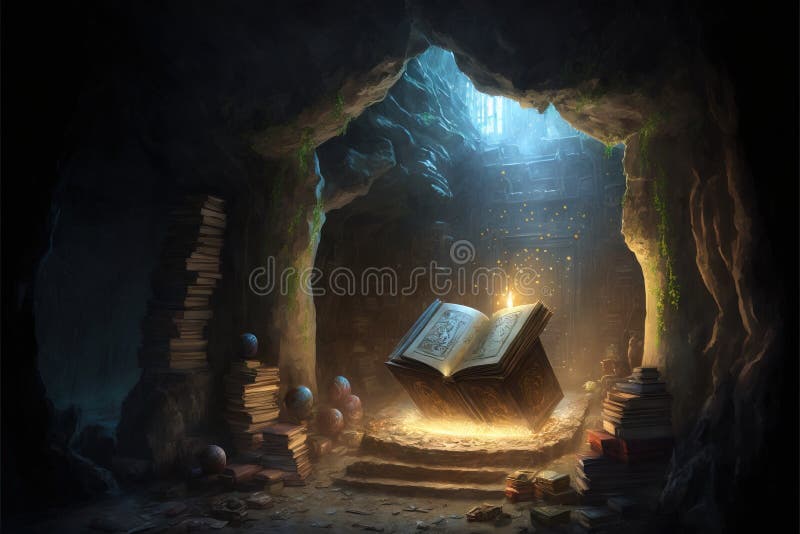 A Book is Opened in a Cave with a Light Coming from it and Books ...