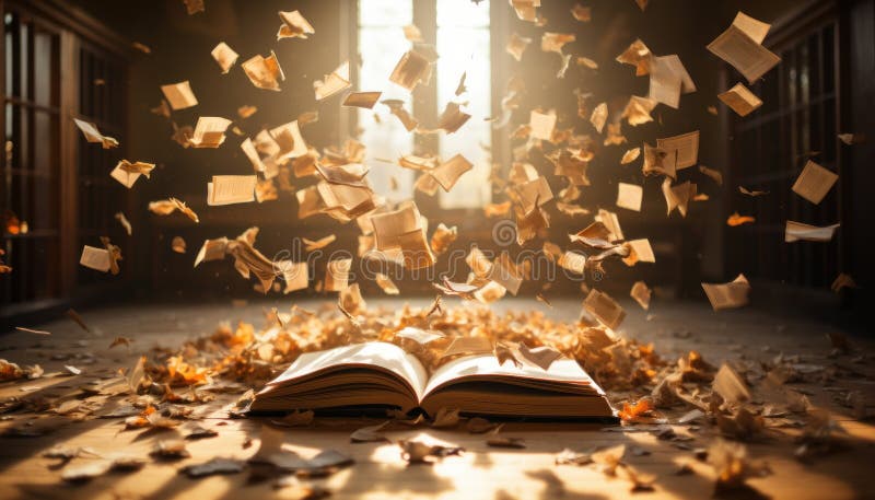 Book Pages Falling Around in the Room Stock Illustration - Illustration ...
