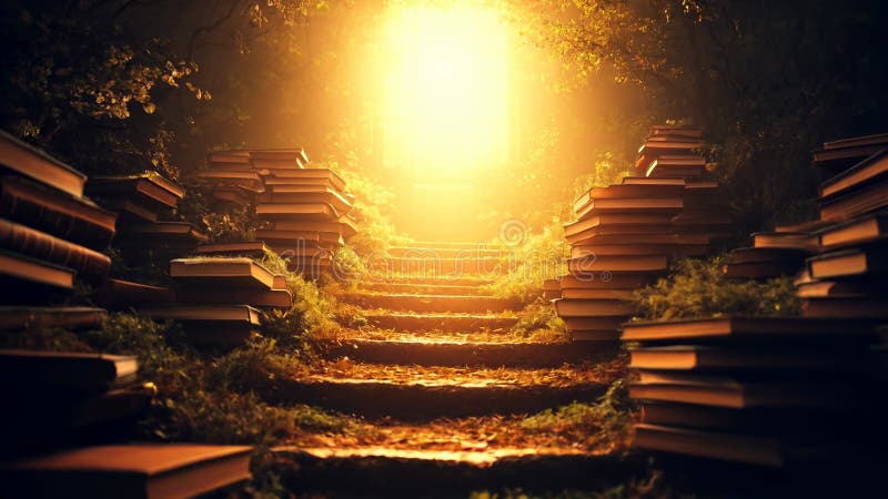 Book with Pages Turning into a Glowing Staircase, Leading To a Bright ...