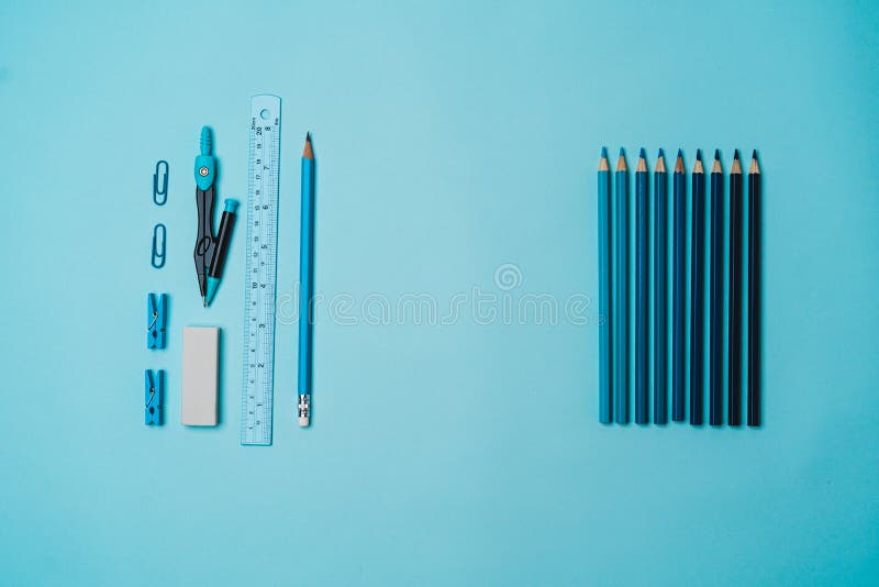 Book, Pencil, Ruler on a Blue Background Stock Image - Image of concept ...