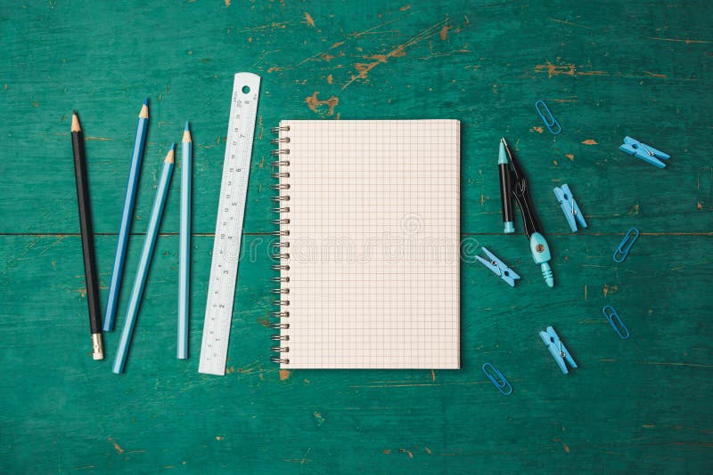 Book, Pencil, Ruler on the Green Wood Study Table Stock Photo - Image ...
