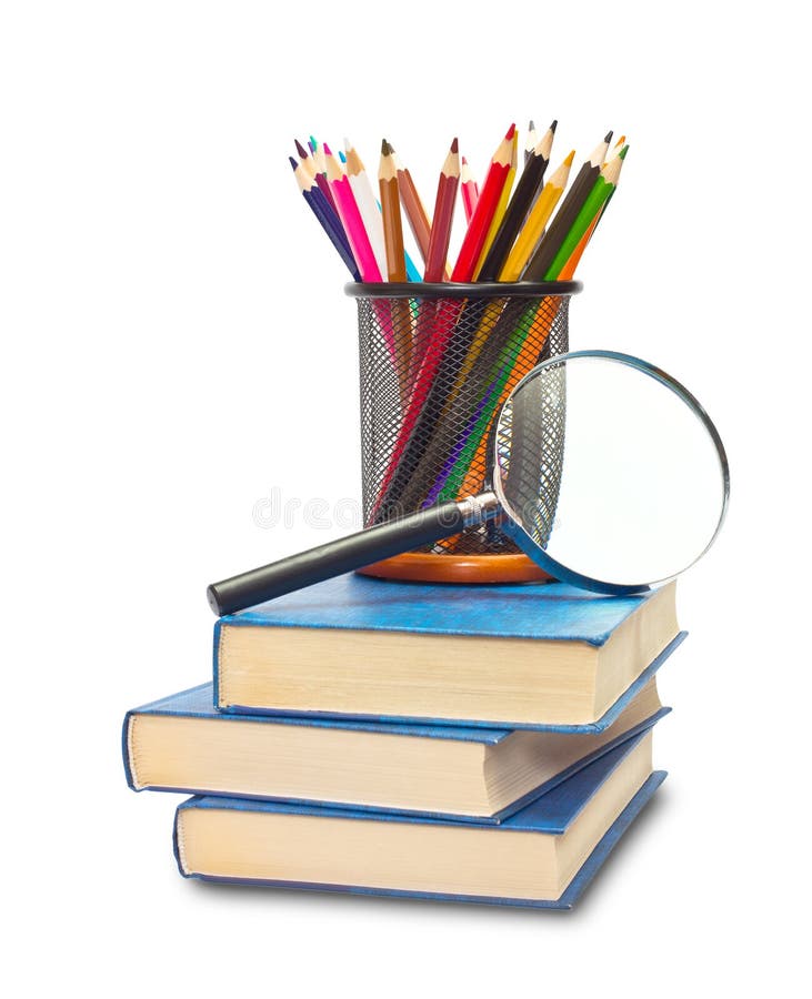 The Book, Pencils, and Magnifying Glass Stock Image - Image of research ...