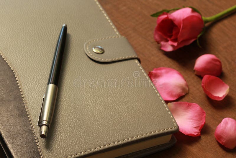 The Book with Pink Rose and Pen Stock Image - Image of notebook ...