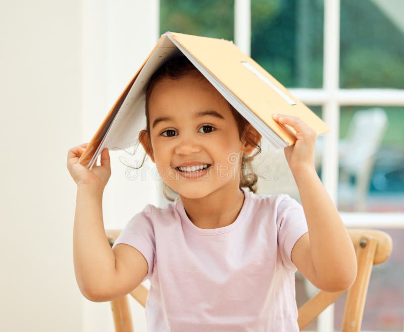 Book, Portrait and Smile with Student Child in Home for Development ...