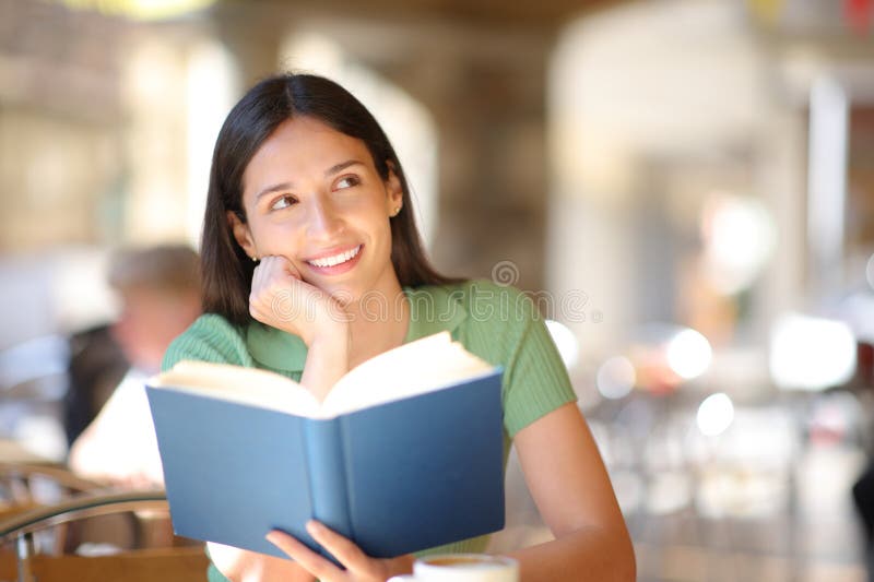 Book Reader Dreaming in a Coffee Shop Terrace Stock Image - Image of ...