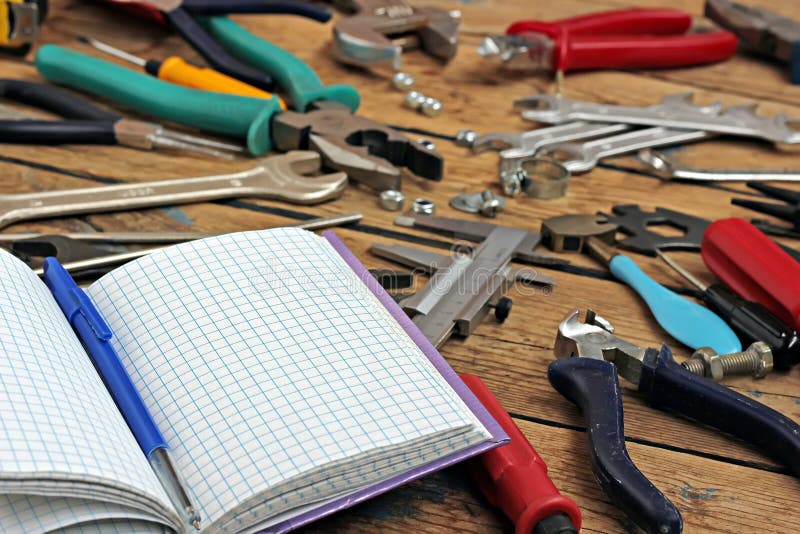The Book for Records and Tools on a Timber Floor. Stock Photo - Image ...