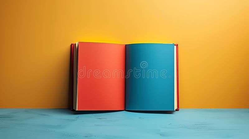 Open Book with Red and Blue Pages on a Blue and Yellow Background Stock ...