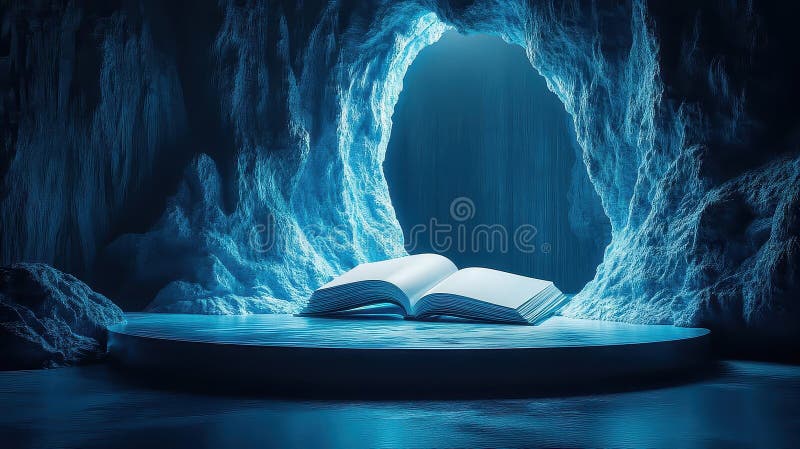 A Book Resting on a Platform Inside a Cave with Blue Lighting and a ...