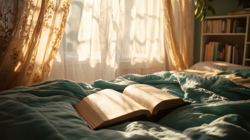 A Book Rests on a Bed, with a Bookshelf Visible in the Background ...