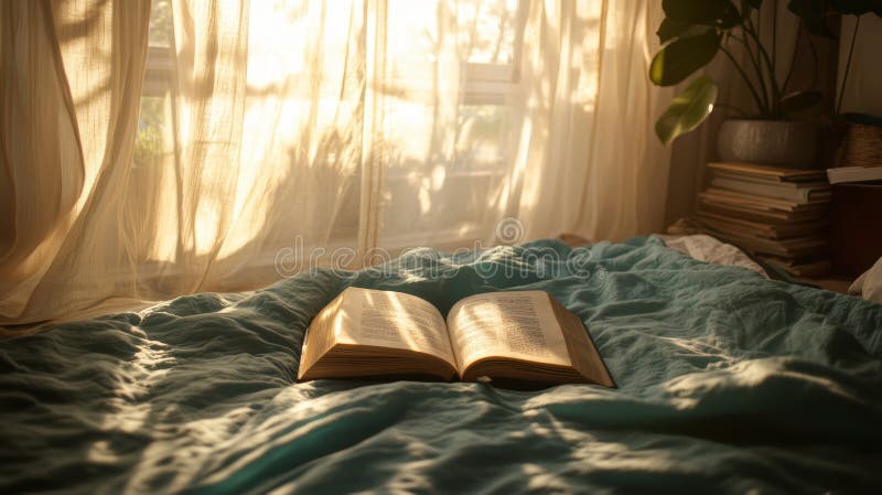 A Book Rests on a Bed with a Window Visible in the Background. Stock ...