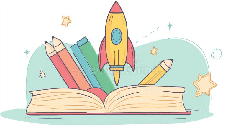 A Book with a Rocket and Pencils on Top Stock Illustration ...