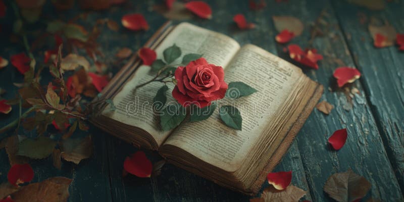Open book with rose stock image. Image of reading, symbolism - 388038131