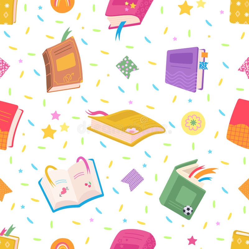 Book Seamless Pattern. Cartoon Books Open and Closed, Diary, Notebooks ...