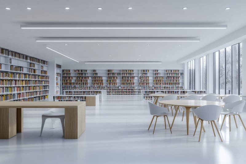 Book Shelf, Desk, and Stool in Modern Library Interior Stock Photo ...