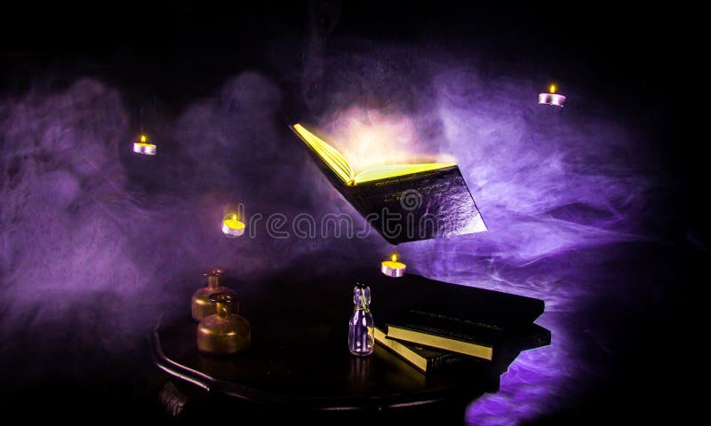 Book of Spells Floating Magic Stock Image - Image of light, poster ...
