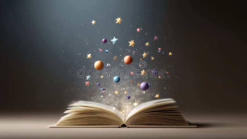 Book Spreading Glowing Cosmic Elements, Revealing Imaginative Universe ...