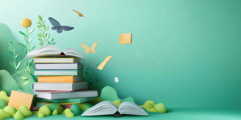 Book Stack with Green Nature, and Butterflies Stock Illustration ...