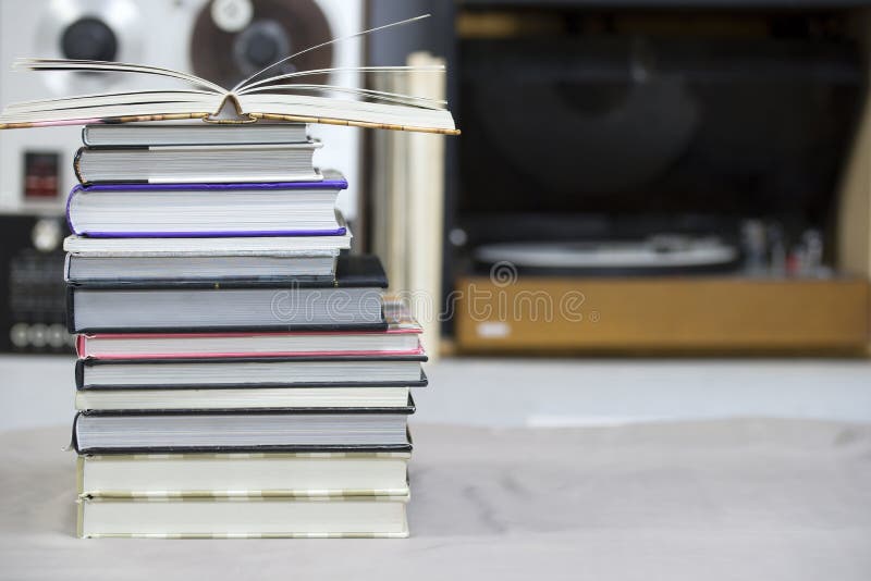 Book, Stack of Hardback Books on Table. Top View. Stock Image - Image ...