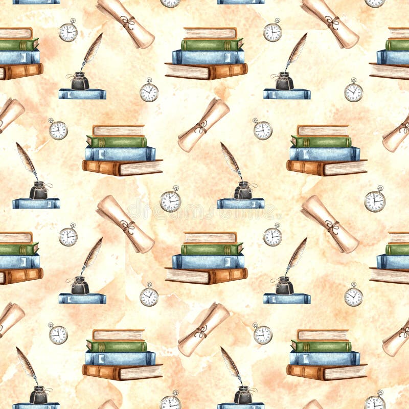 Book Stack and Inkwell, Feather. Vintage Pocket Watch and Scroll ...