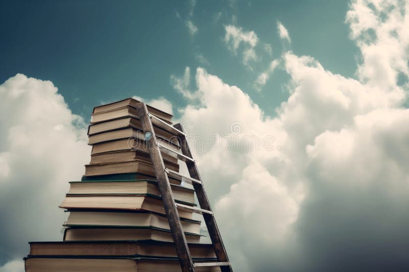Book Stack with Ladder on Sky with Clouds Background. Ladder Going on ...