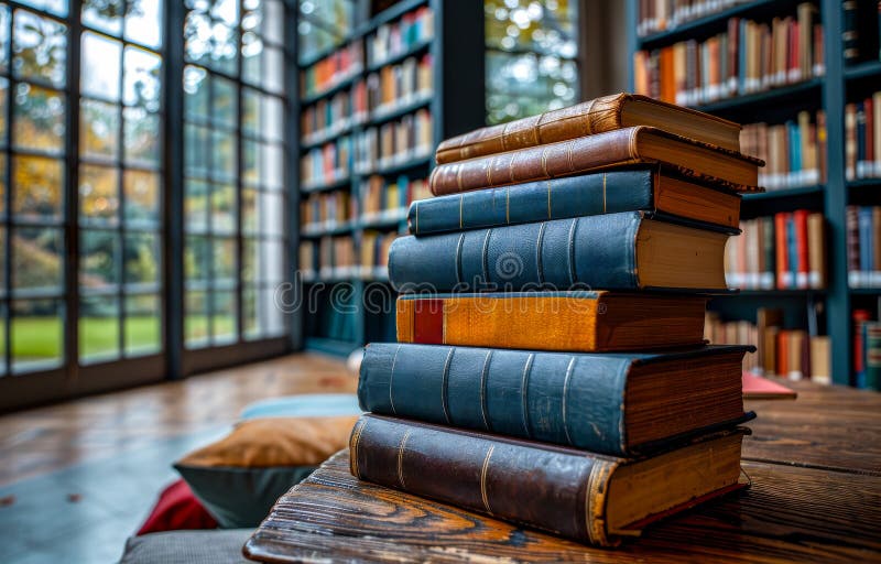 Book Stack in Library. a Stack of Old, Leather-bound Books Sits on a ...