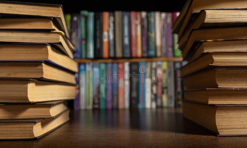 Book Stack in the Library Room and Blurred Bookshelf for Business and ...