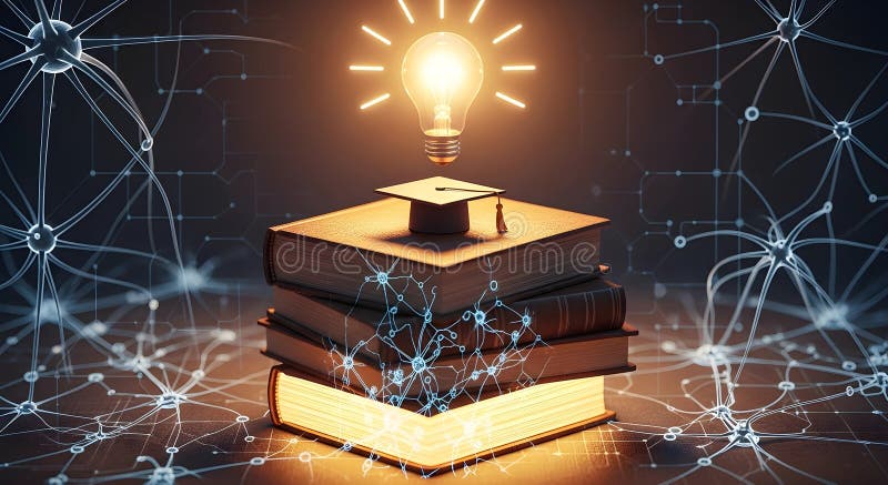 Book Stack with Lightbulb Idea and Graduation Cap Stock Image - Image ...