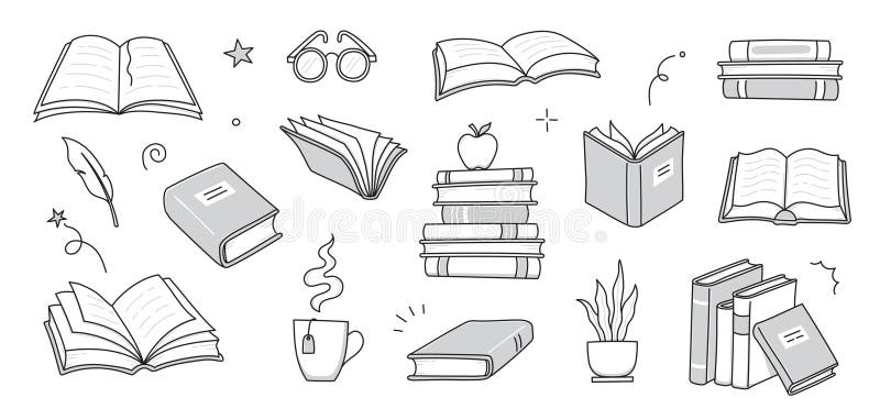 Book Line Doodle Icon Set. Hand Drawn Sketch Doodle Style Line Icon ...
