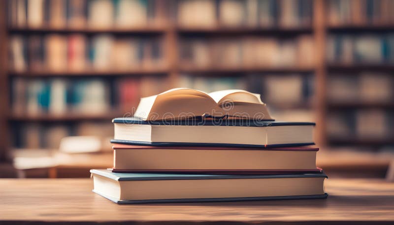 Book Stack on Wood Desk and Blurred Bookshelf in the Library Room Stock ...