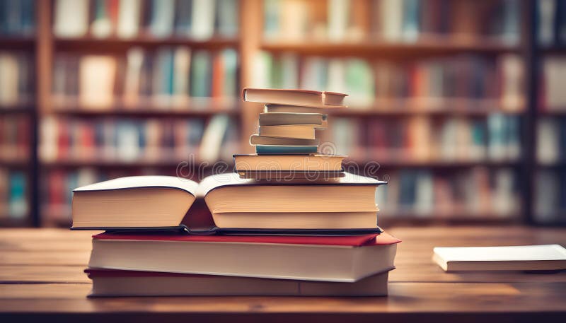 Book Stack on Wood Desk and Blurred Bookshelf in the Library Room Stock ...