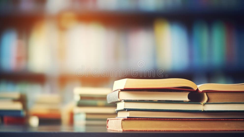 Book Stack on Wood Desk and Blurred Bookshelf in the Library Room ...