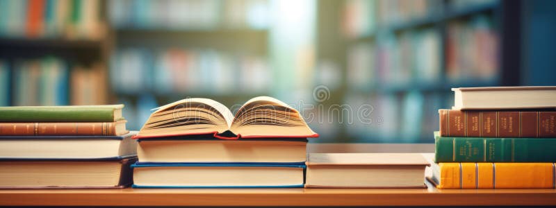 Book Stack on Wood Desk and Blurred Bookshelf in the Library Room ...