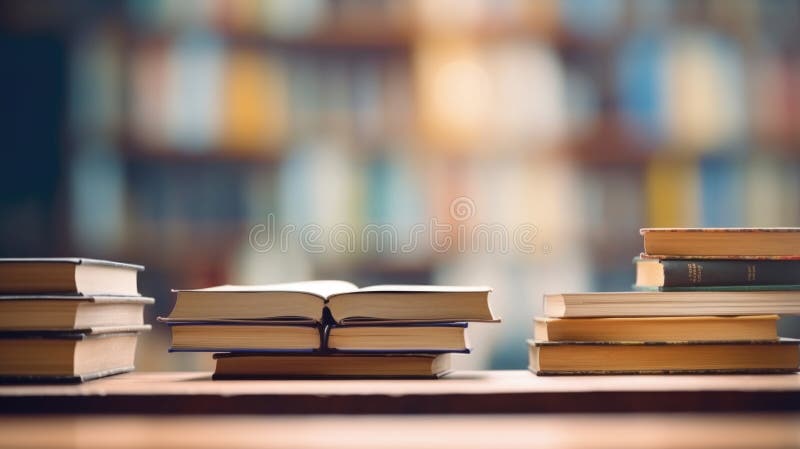 Book Stack on Wood Desk and Blurred Bookshelf in the Library Room ...